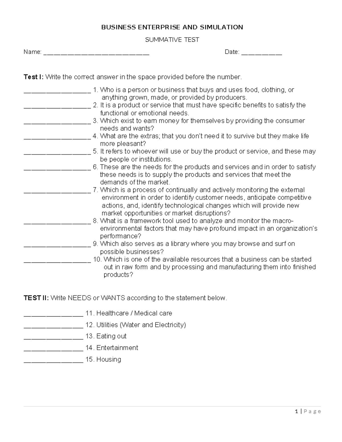 Enterprise-1st summative test - BUSINESS ENTERPRISE AND SIMULATION ...