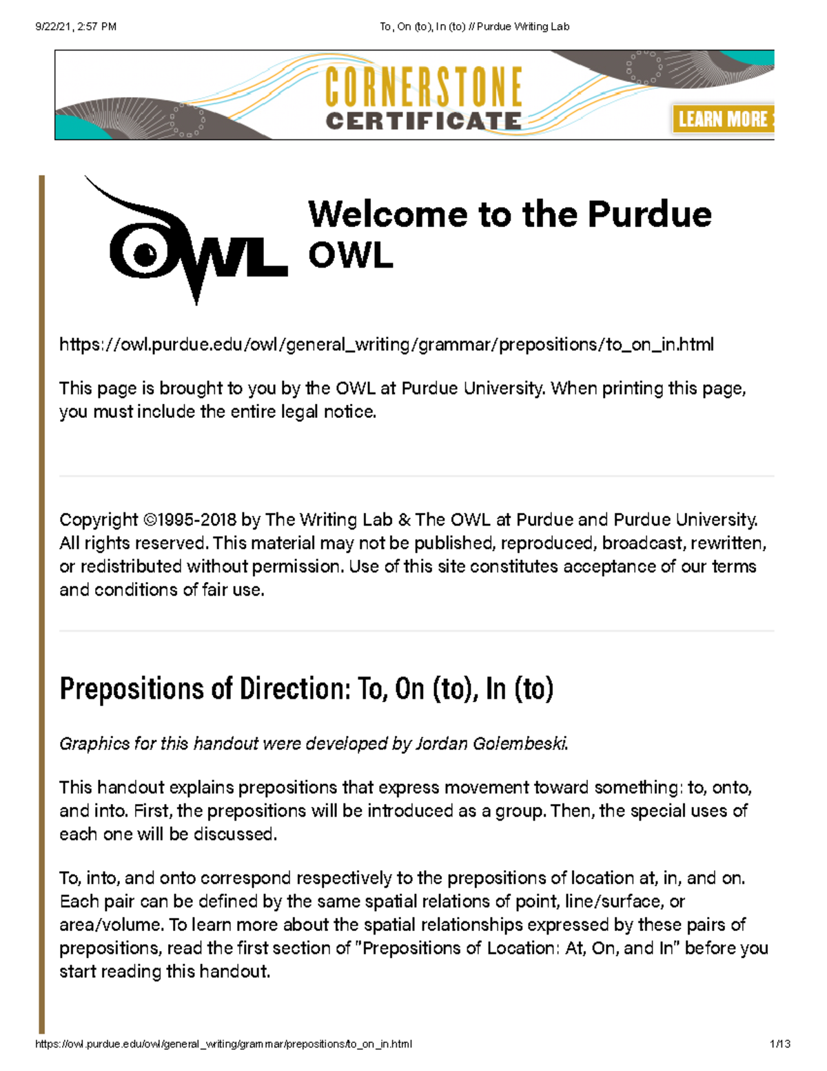 To, On (to), In (to) Purdue Writing Lab - English Composition 1 - UMak ...