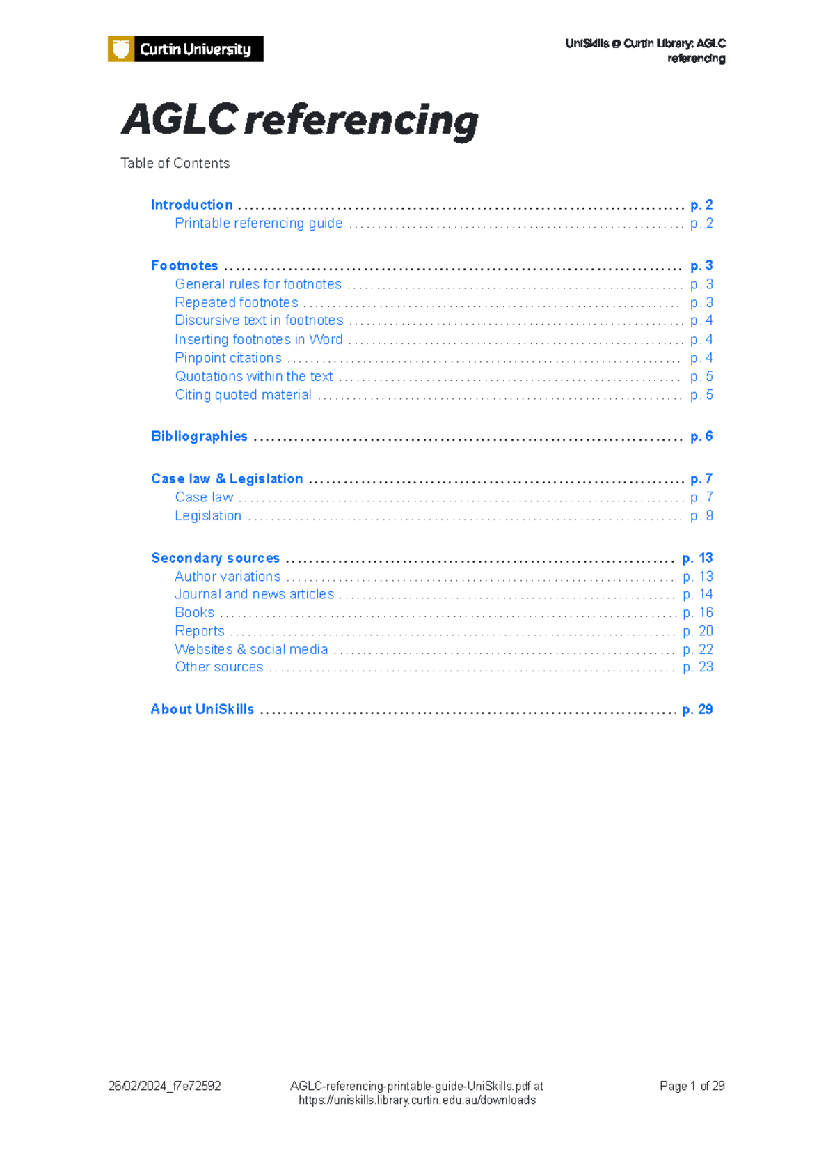 AGLC referencing printable guide Uni Skills - UniSkills @ Curtin Library: AGLC referencing - Studocu