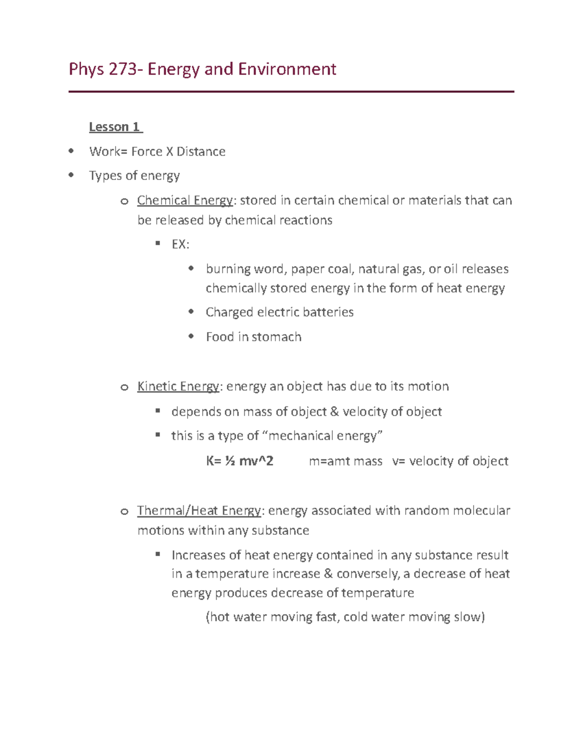 notes for phys 273 - Phys 273- Energy and Environment Lesson 1 Work ...