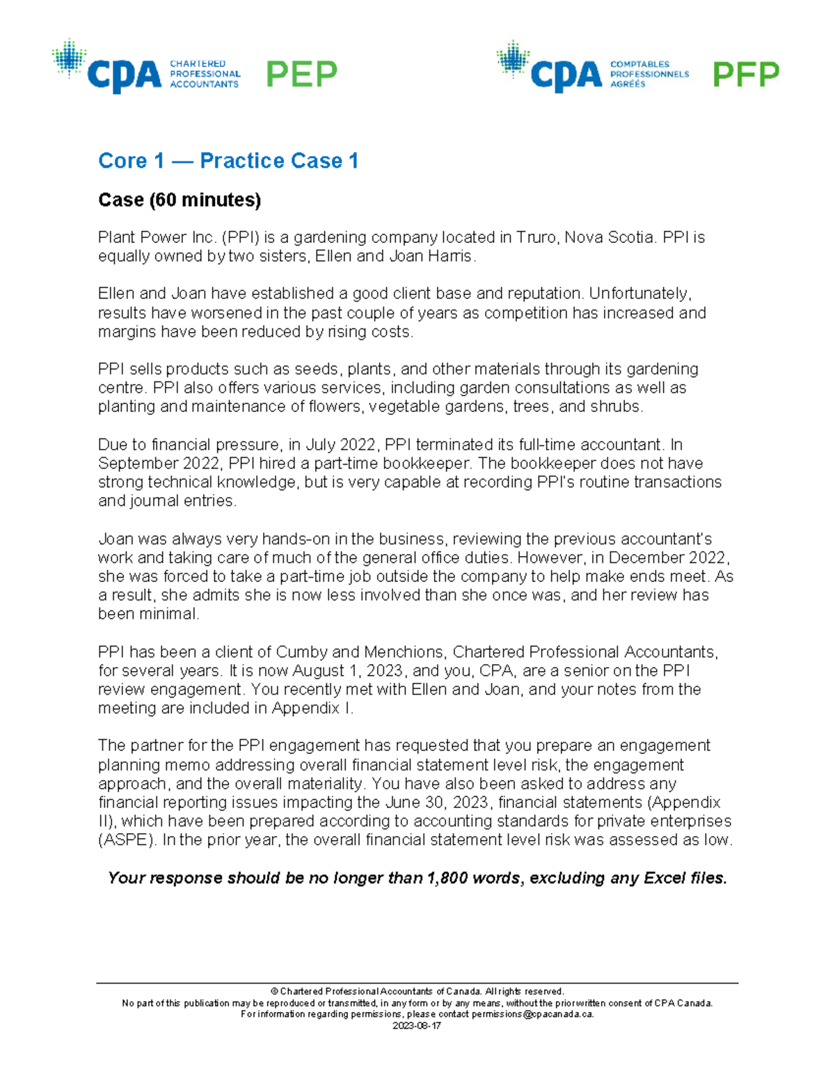 Unit 1 PC - practice case - © Chartered Professional Accountants of ...