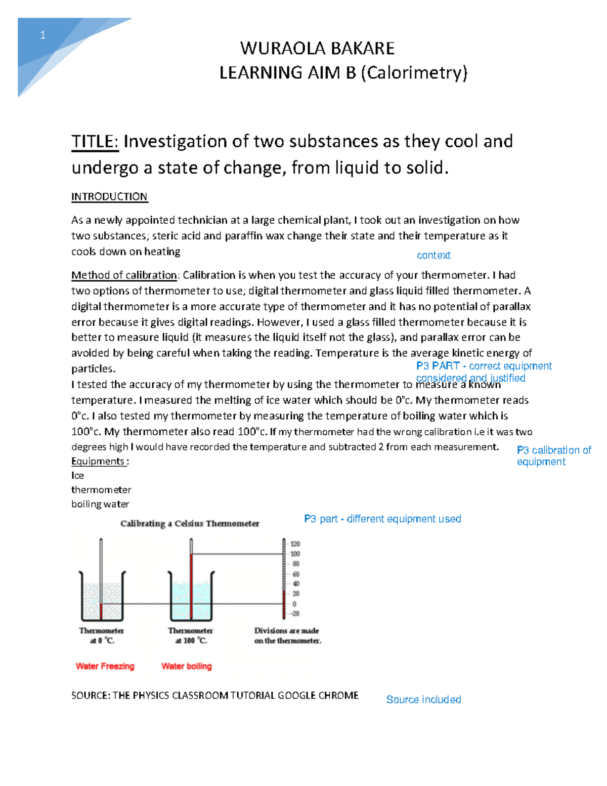 Applied science project - . WURAOLA BAKARE LEARNING AIM B (Calorimetry ...