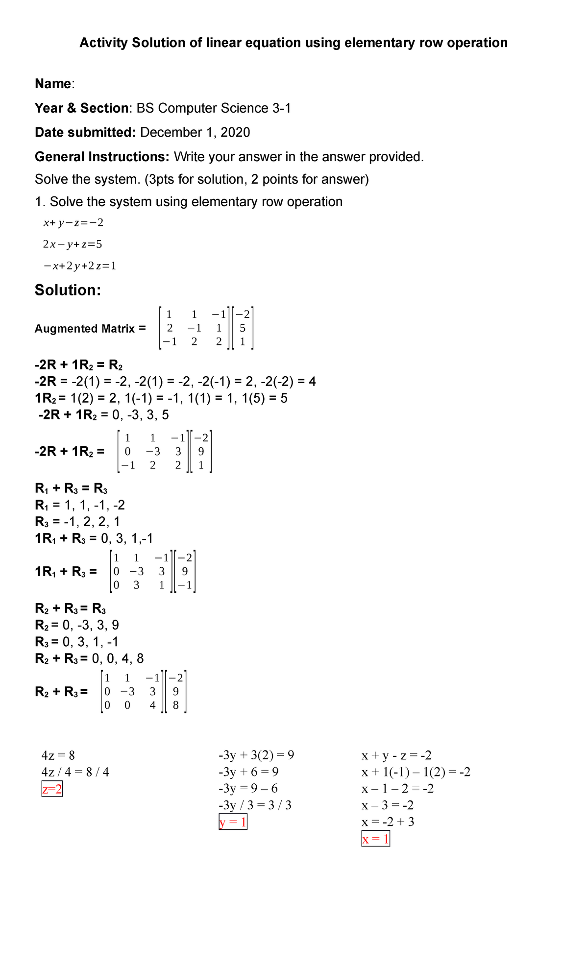 Elementary Row Operation - Linear Algebra Activity - BS in Computer ...