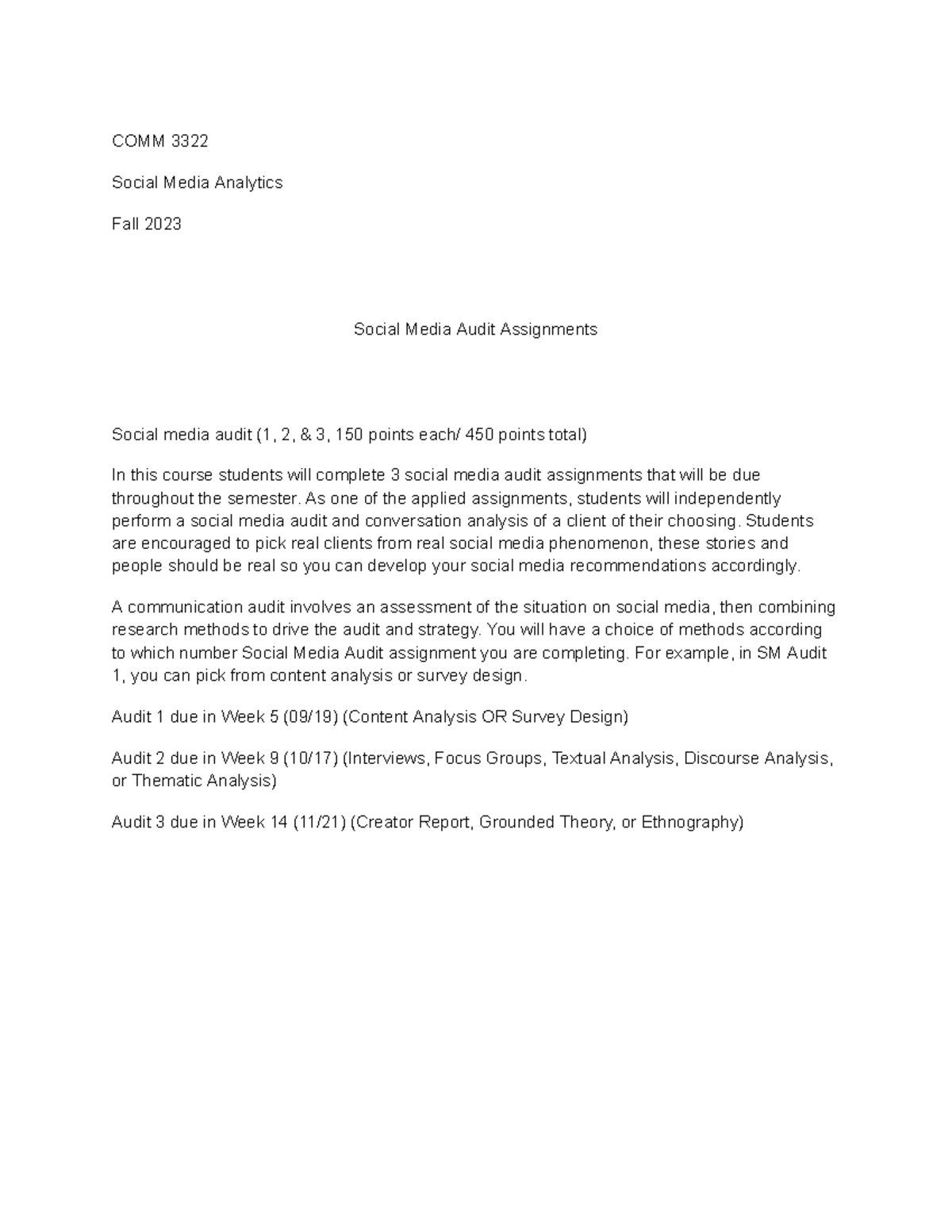 SM Audit Assignments - COMM 3322 Social Media Analytics Fall 2023 ...