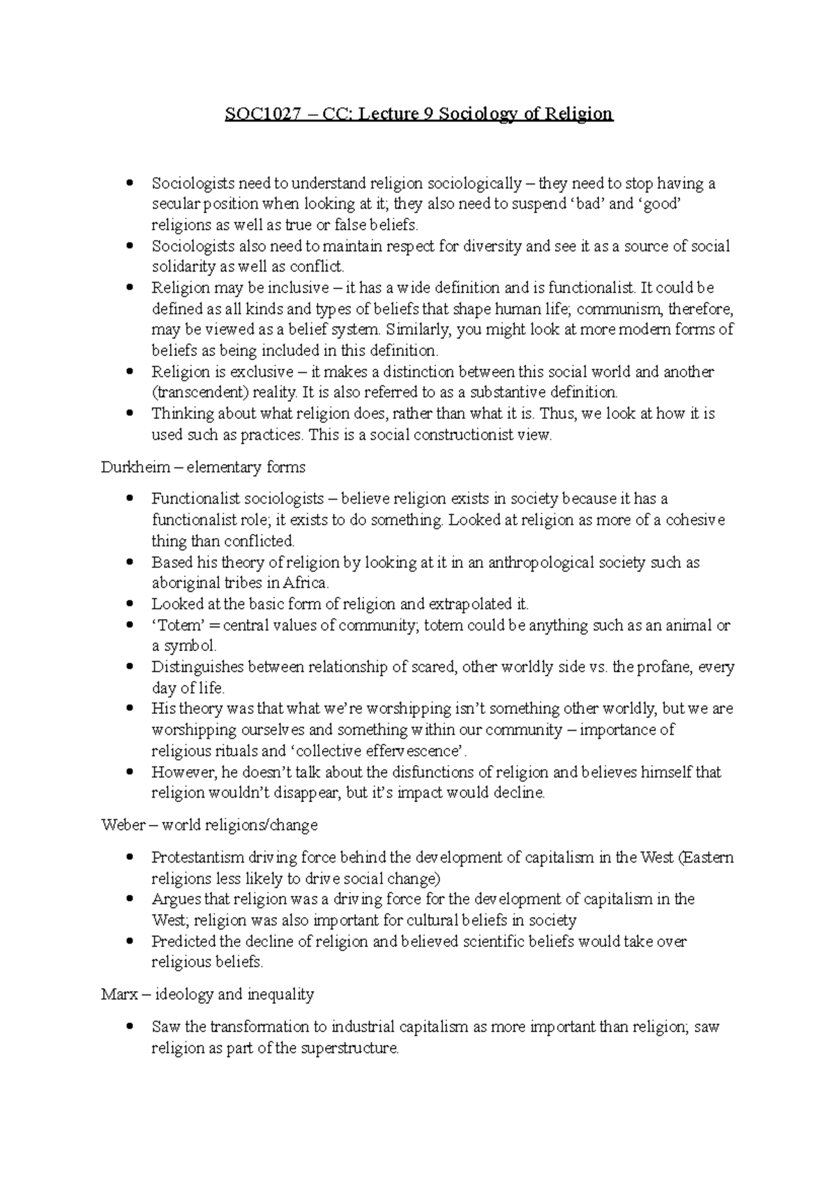 Lecture 9 Religion - SOC1027 – CC: Lecture 9 Sociology of Religion ...