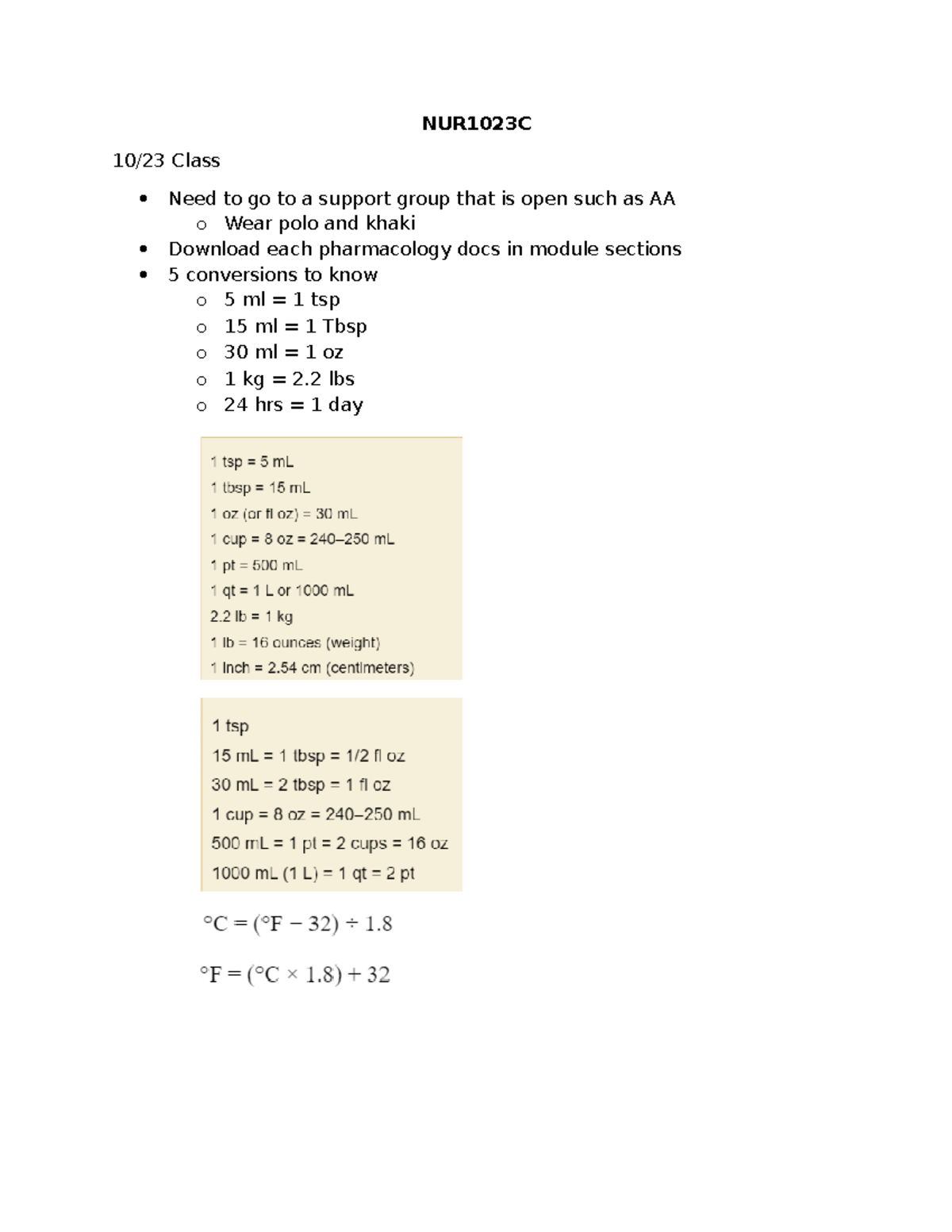 NUR1023C Class Notes - NUR1023C 10/23 Class Need to go to a support ...