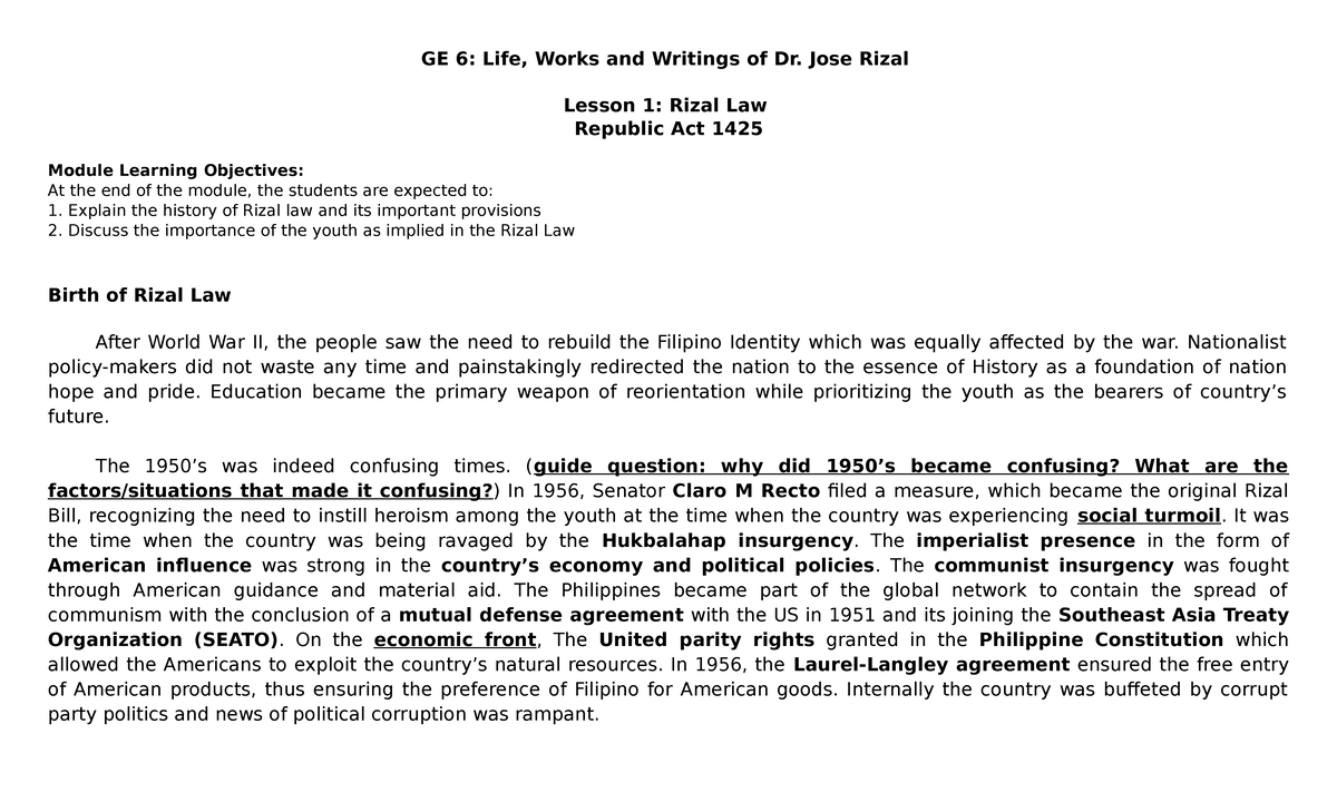 Rizal Law - GE 6: Life, Works and Writings of Dr. Jose Rizal Lesson 1 ...