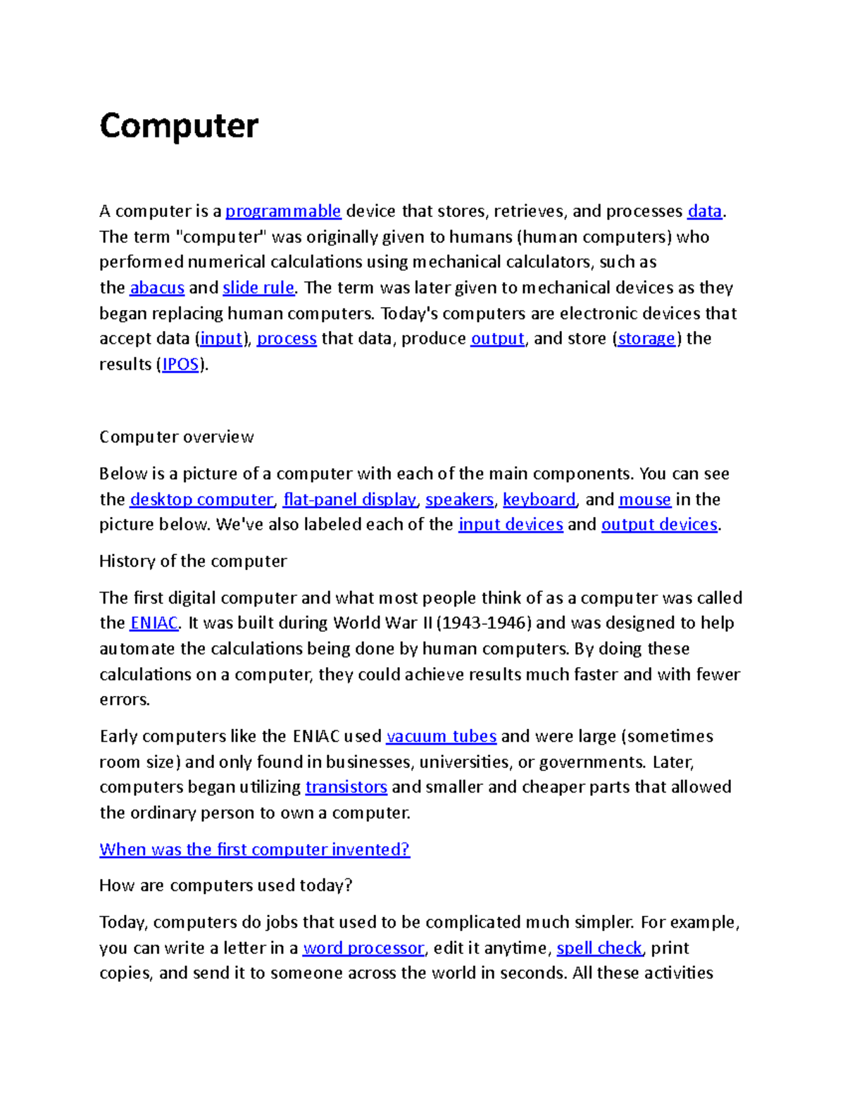 Computer - Computer A computer is a programmable device that stores, retrieves, and processes ...