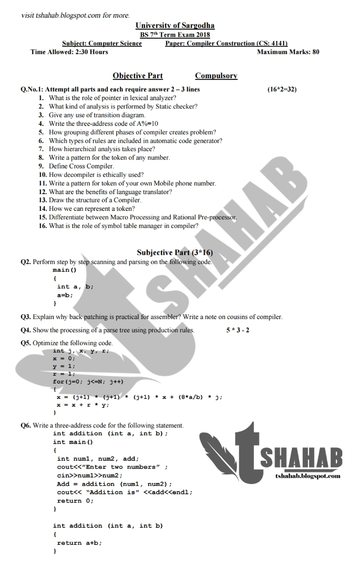 CC CS 2018 - BS 7th Term Exam Paper - compiler construction - Studocu