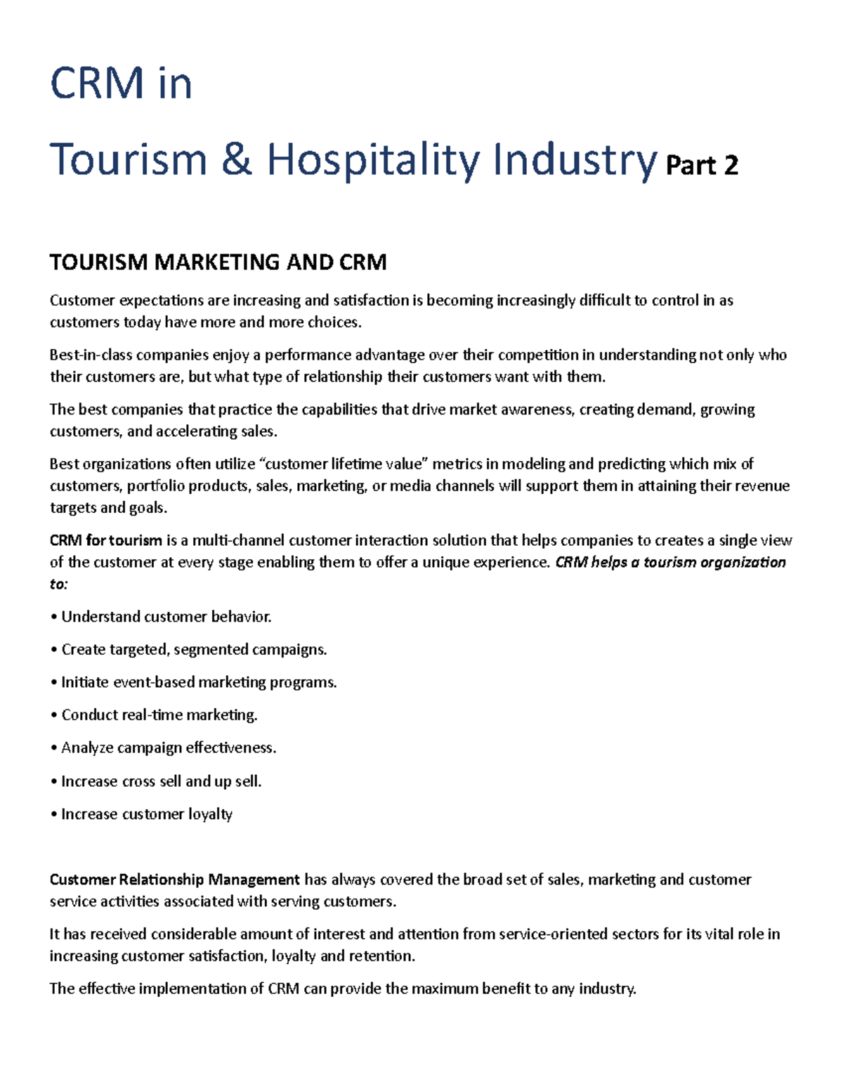 CRM in Tourism Hospitality Industry Part 2 - CRM in Tourism ...