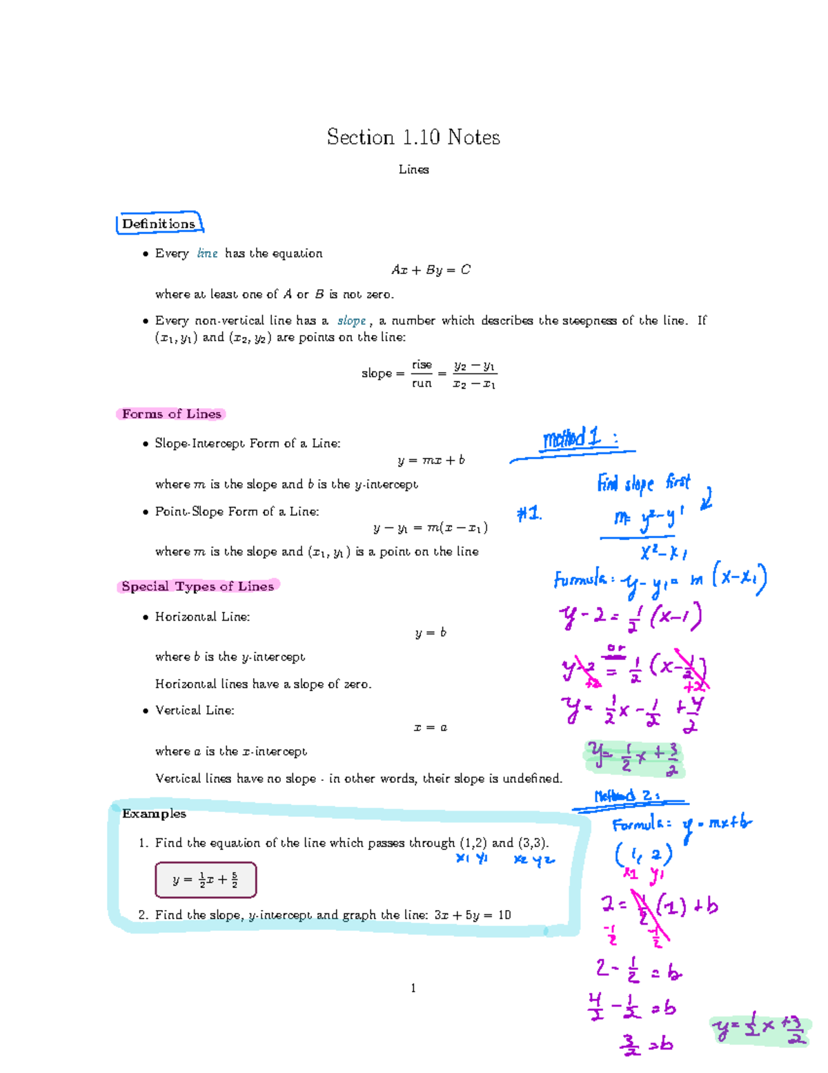 Lines - Math 126 Notes with Professor Yo - Section 1 Notes Lines ...