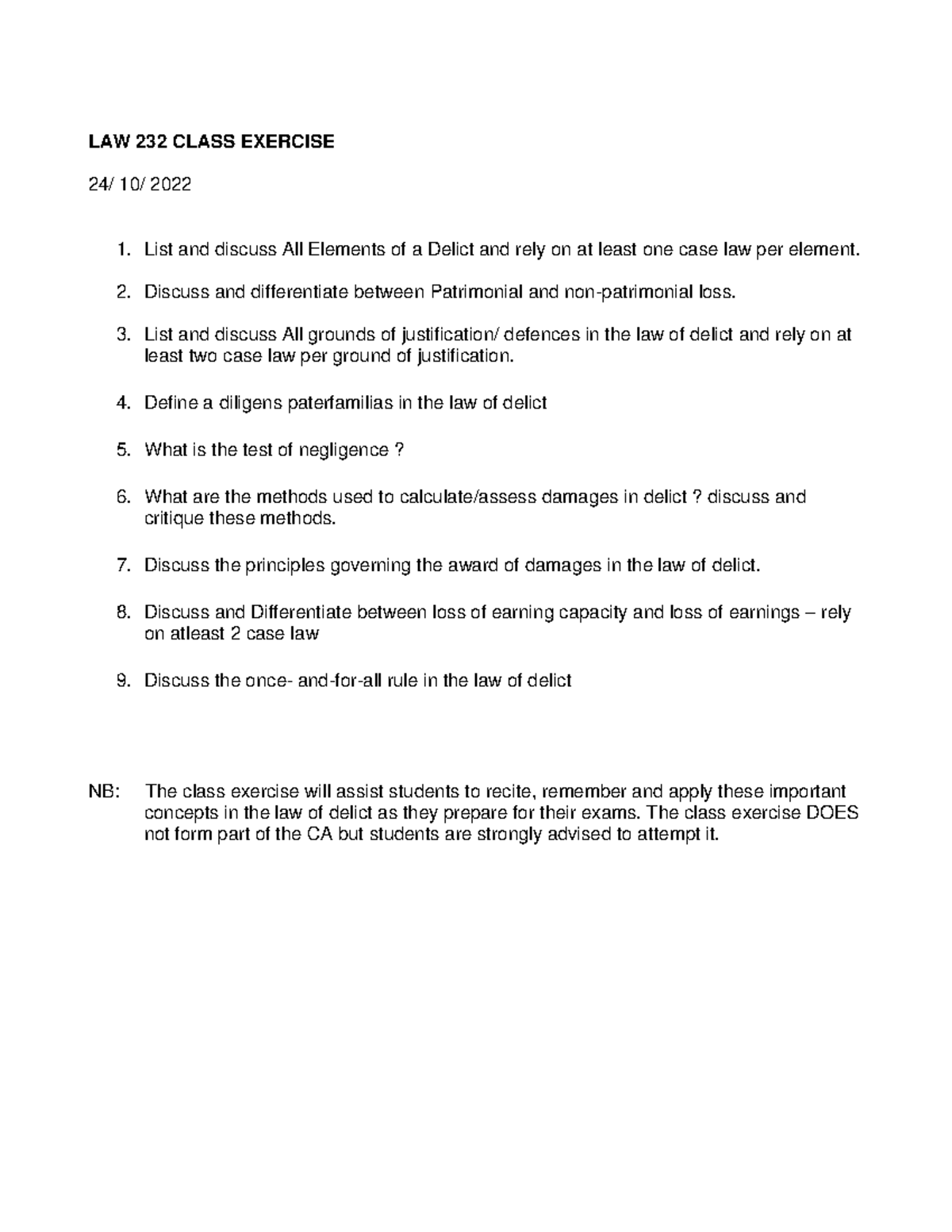 Class Exercise 232 - Tutorial questions - LAW 232 CLASS EXERCISE 24/ 10 ...
