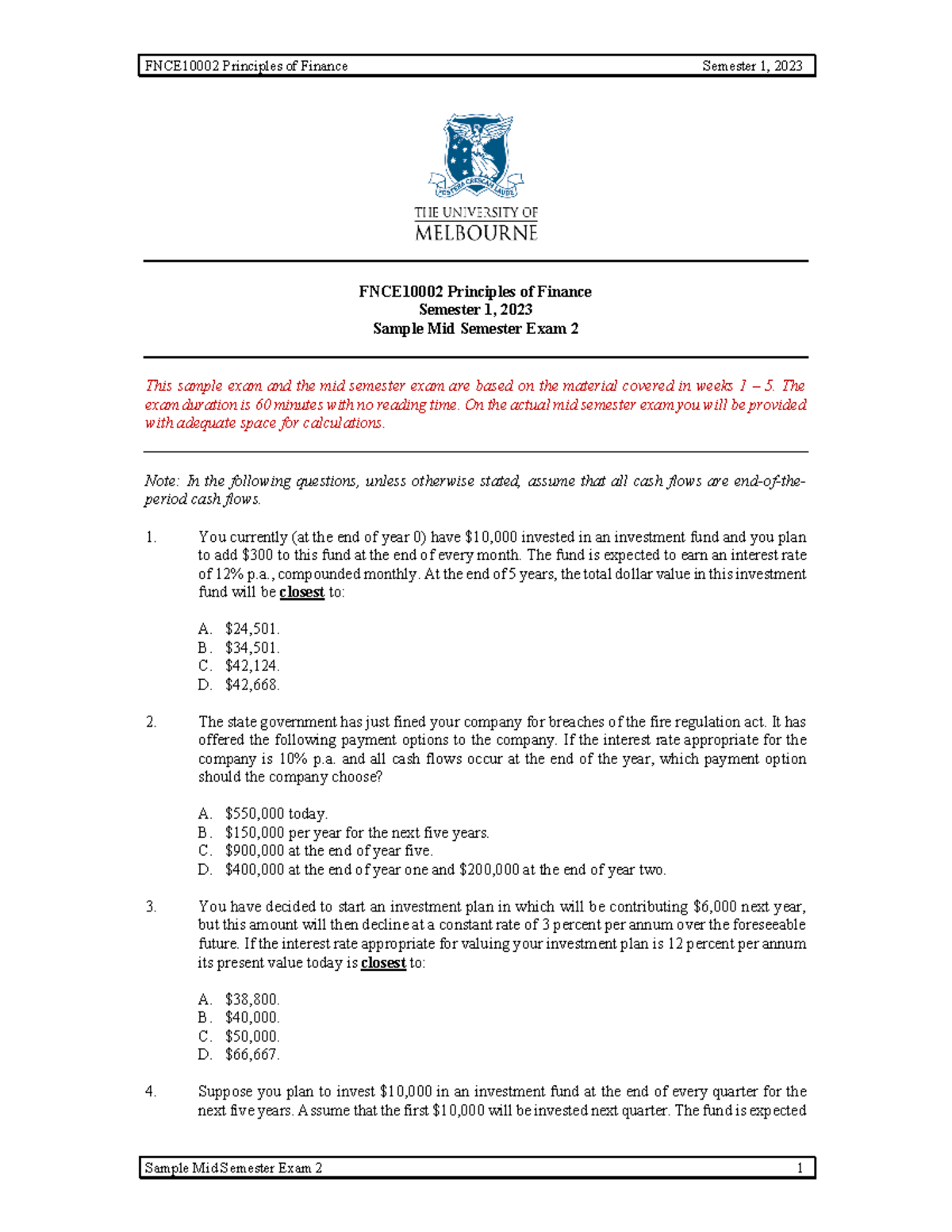 Sample Mid Sem 2 - YES - FNCE10002 Principles of Finance Semester 1 ...