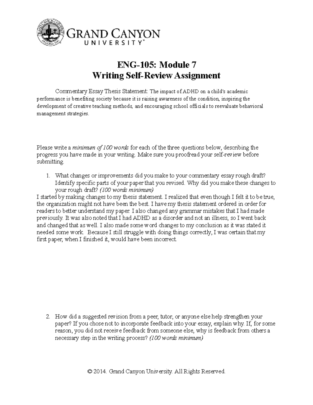 ENG 105 RS Self Review Assignment - ENG-105: Module 7 Writing Self ...