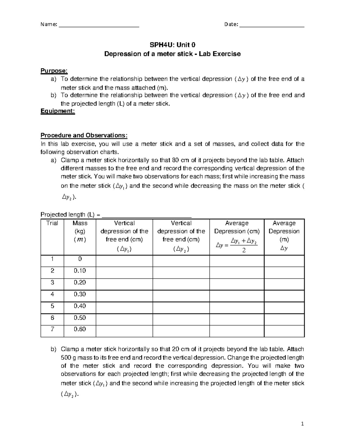 SPH4U vertical depression of a meter stick - Name ...
