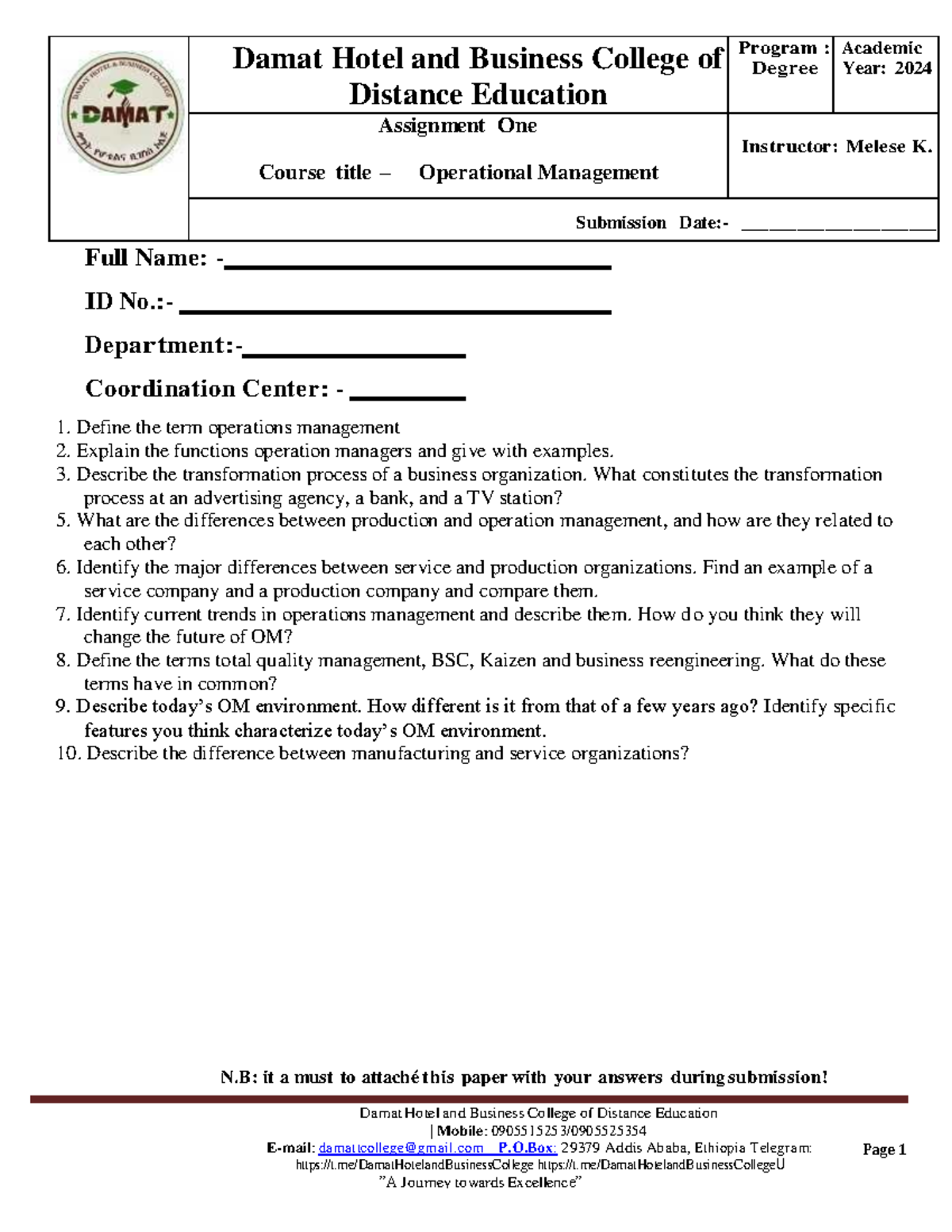 Operational Management Assignment - Damat Hotel and Business College of ...