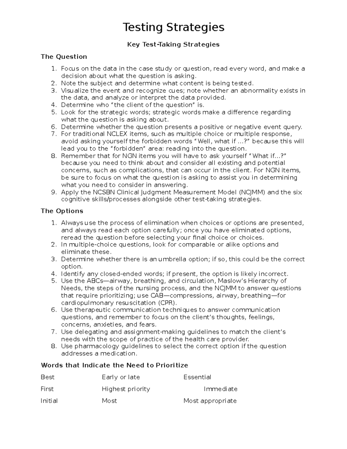 Testing Strategies - werwa - Key Test-Taking Strategies The Question ...