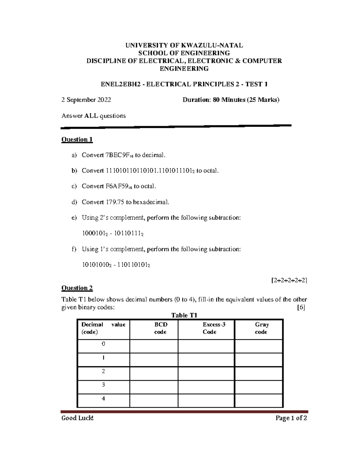 Test1 Digital Electronics 202209021030 - Good Luck! Page 1 of 2 ...