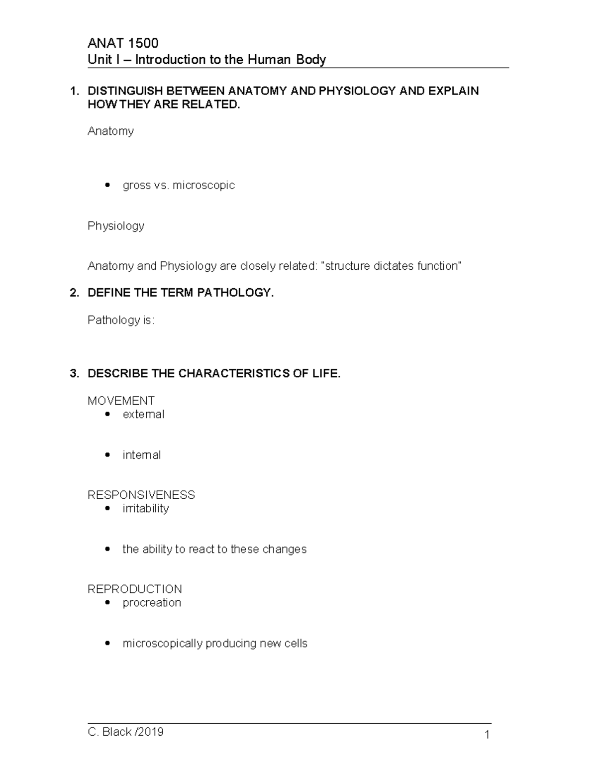 Unit 1 - Introduction to Anatomy and Physiology - Unit I – Introduction ...