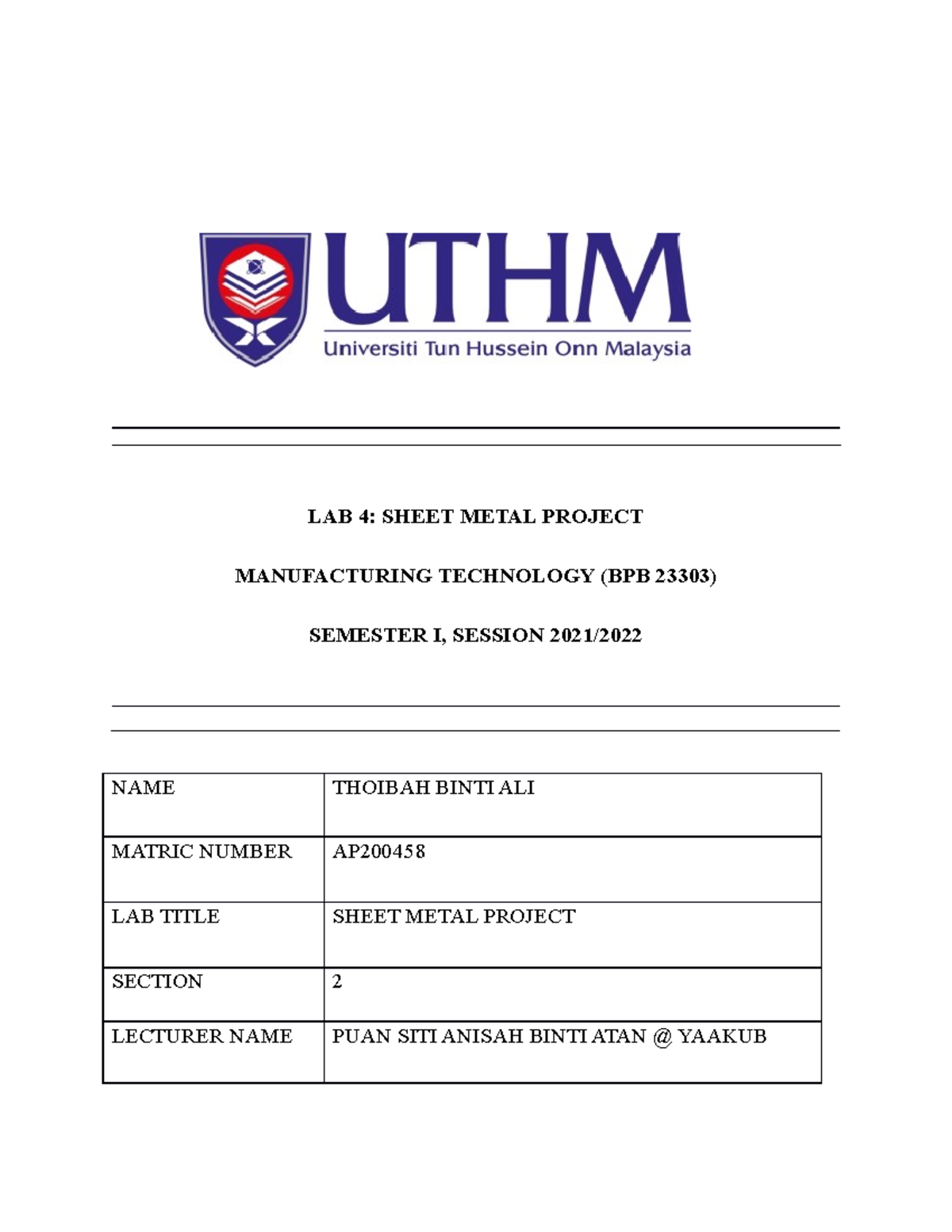 LAB 4 ( Sheet Metal Project) - LAB 4: SHEET METAL PROJECT MANUFACTURING ...