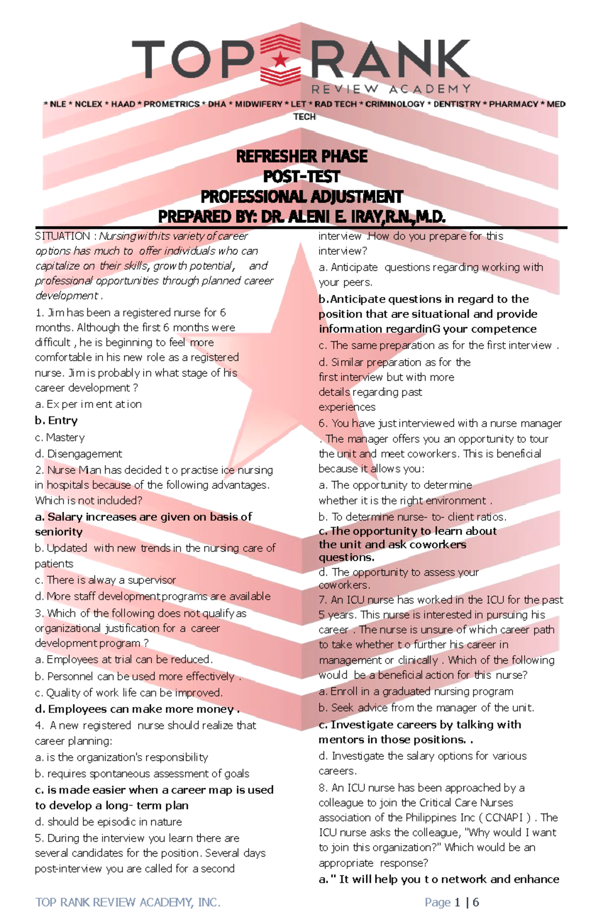 Sc pt prof ad with keys.docx - REFRESHER PHASE POST-TEST PROFESSIONAL ...