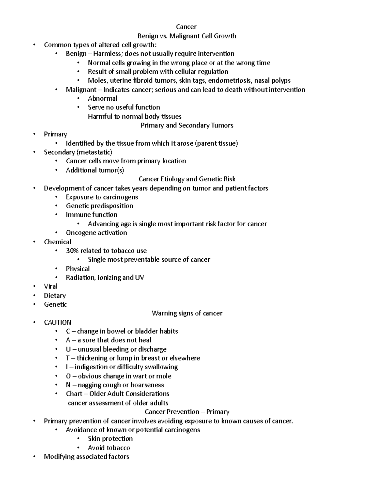 Cancer - Notes - Cancer Benign vs. Malignant Cell Growth Common types ...
