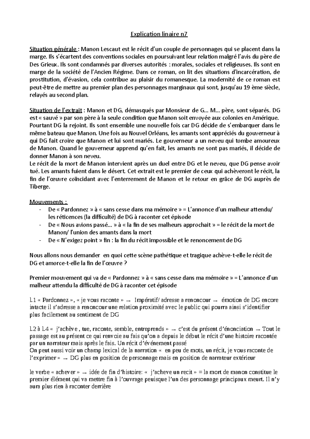Texte n7 - francais - Explication linaire n Situation générale : Manon ...
