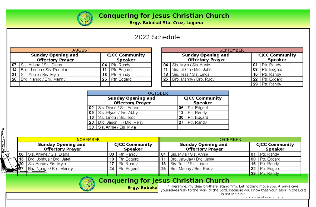 2022 AUG SEP OCT NOV DEC CJCC Schedule - Conquering for Jesus Christian ...