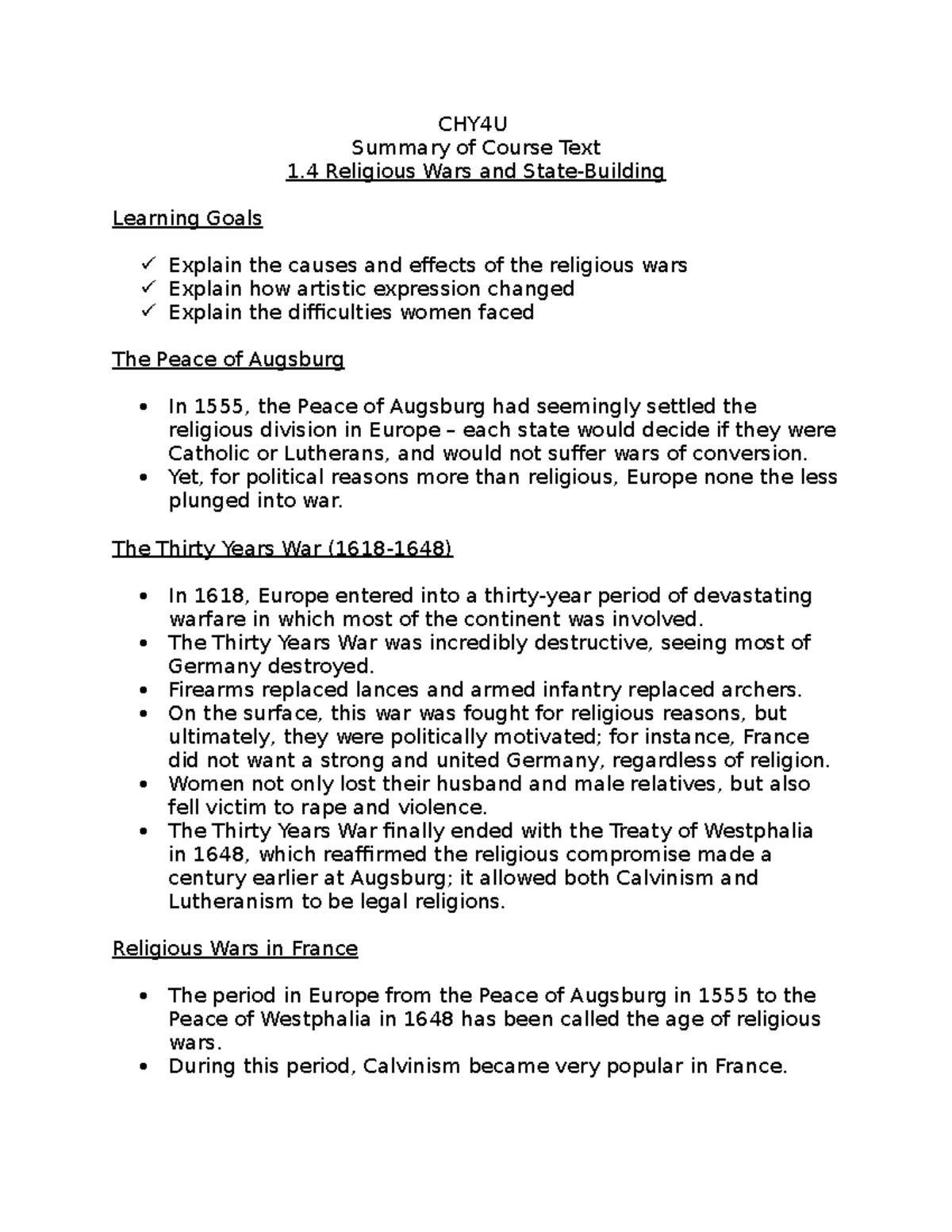 1.4 Religious Wars and State-Building Notes - CHY4U Summary of Course ...