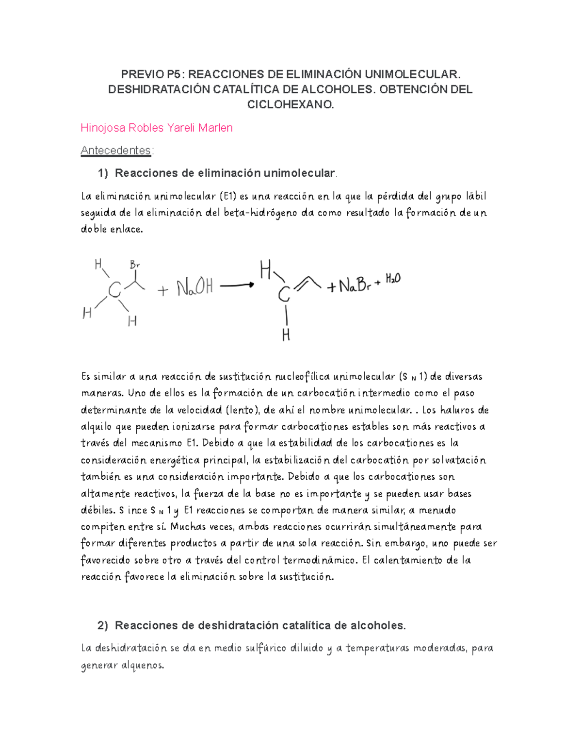 Previo P5 - QOII - PREVIO P5: REACCIONES DE ELIMINACIÓN UNIMOLECULAR ...
