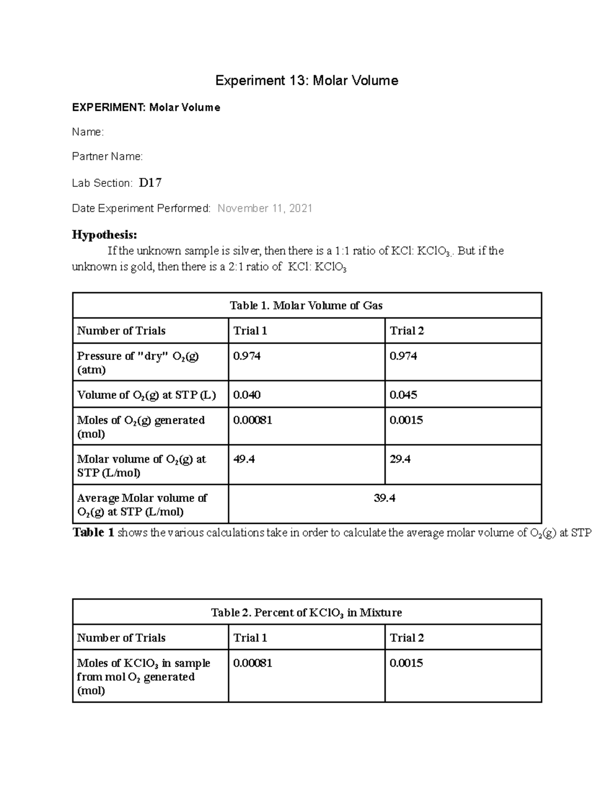Experiment 13 Molar Volume-2 - Experiment 13: Molar Volume EXPERIMENT ...