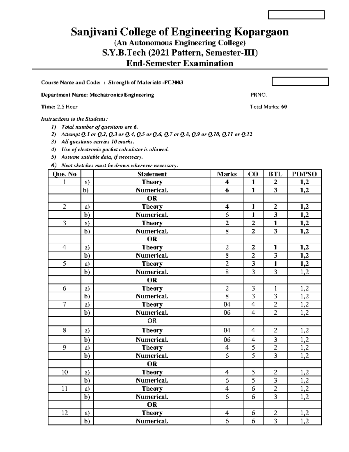 Paper pattern - Nothing is - Subject Name: PRN: Course Name and Code ...