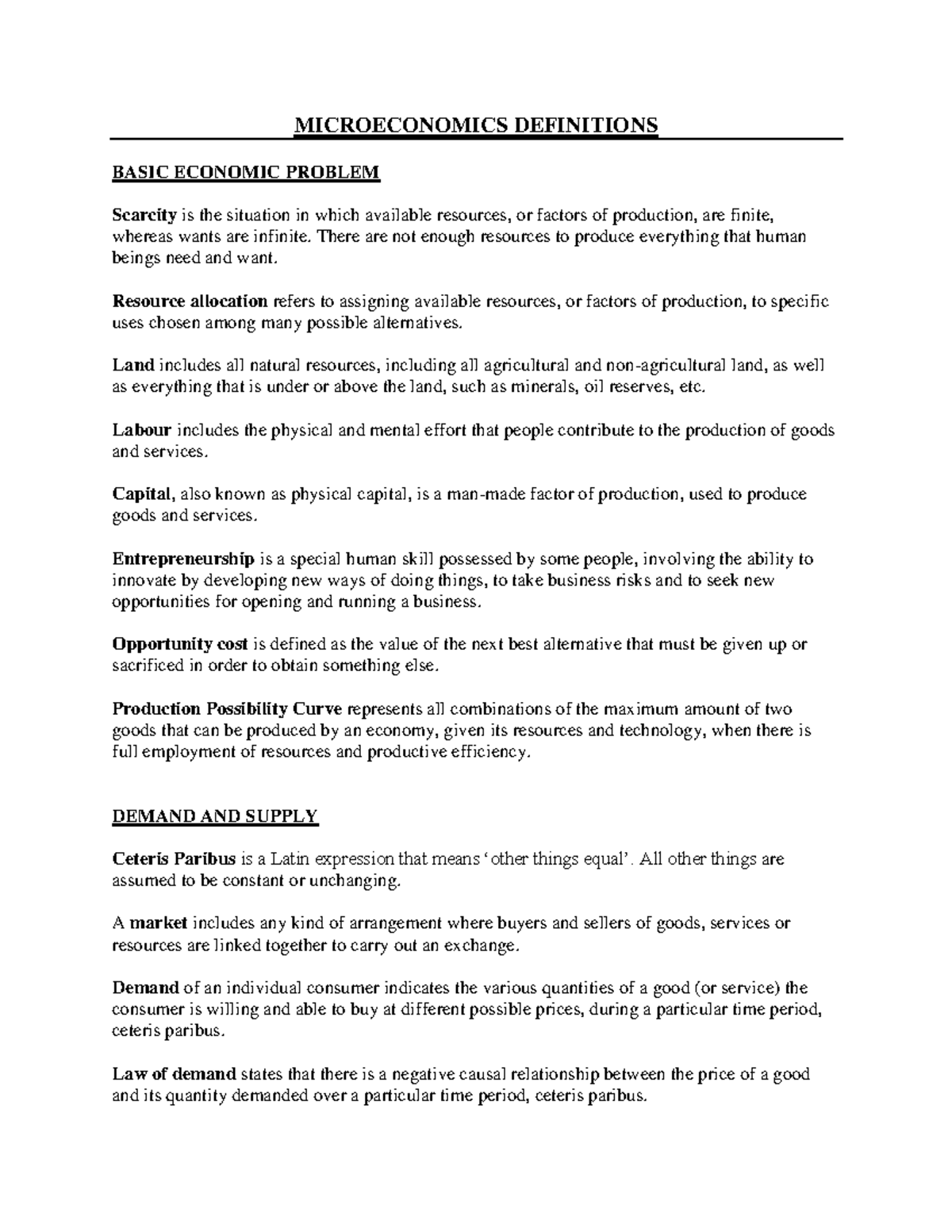 Definitions - MICROECONOMICS DEFINITIONS BASIC ECONOMIC PROBLEM ...