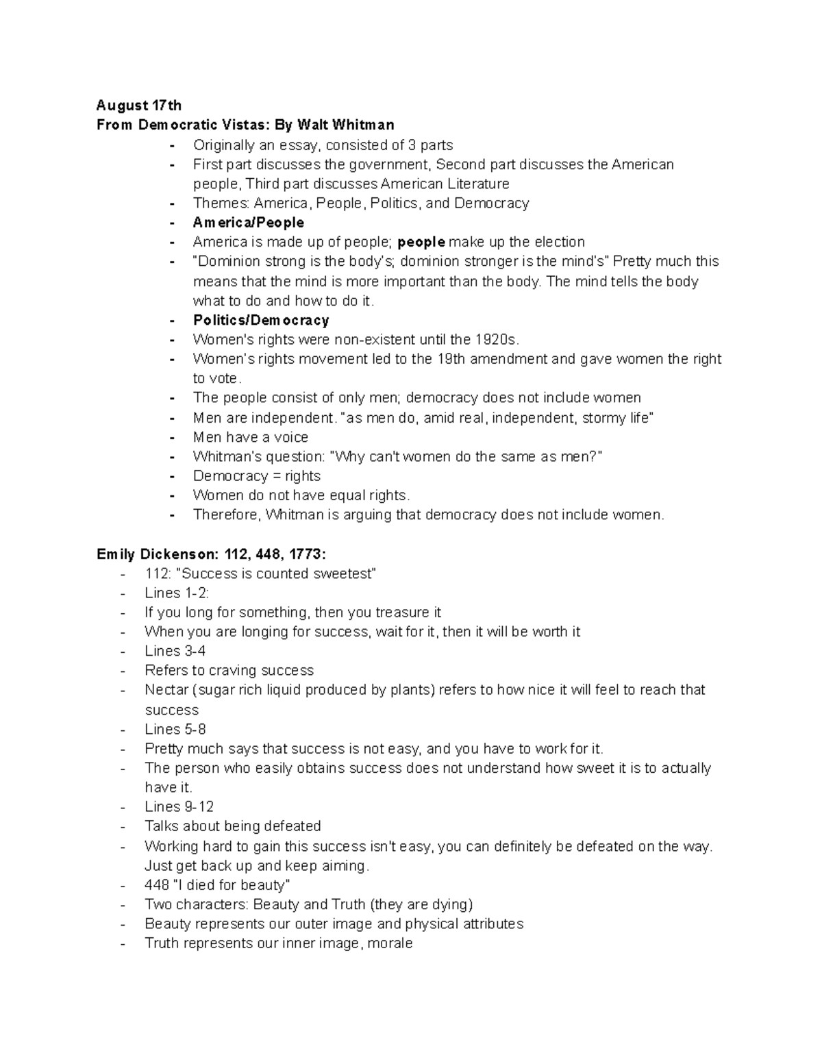 ENG 2212 Notes - August 17th From Democratic Vistas: By Walt Whitman ...