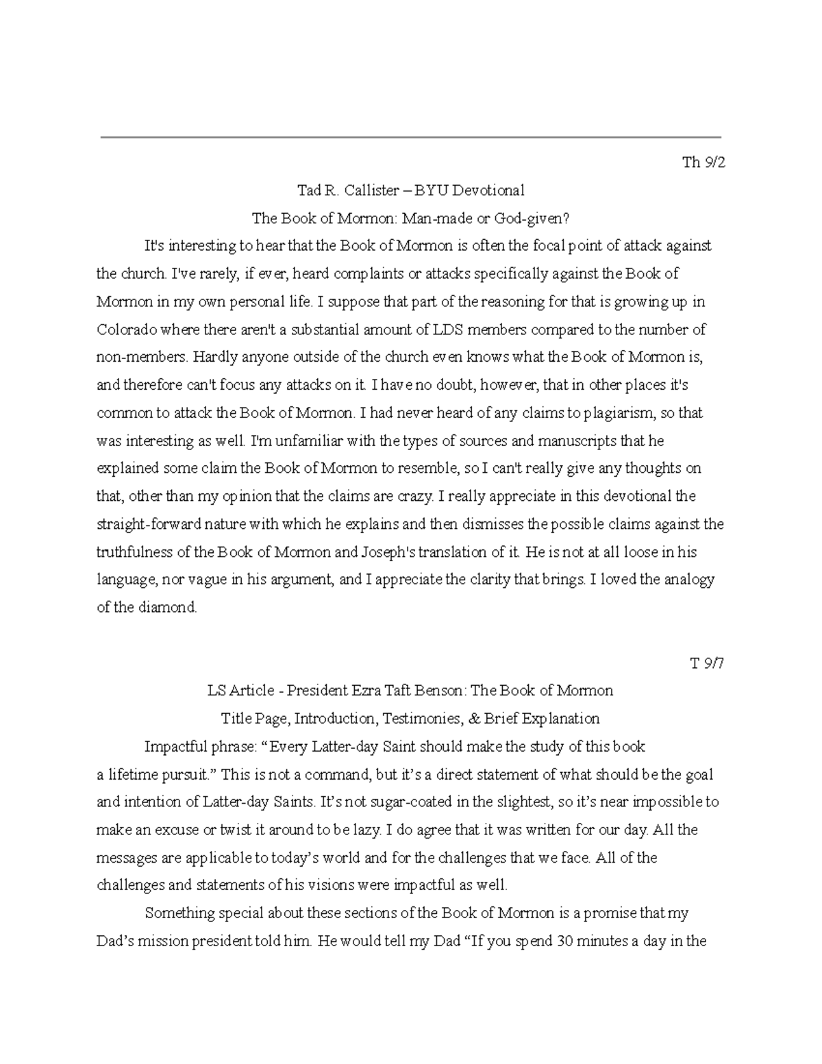 RELA 121 Book of Mormon Weekly Journal - Th 9/ Tad R. Callister – BYU ...