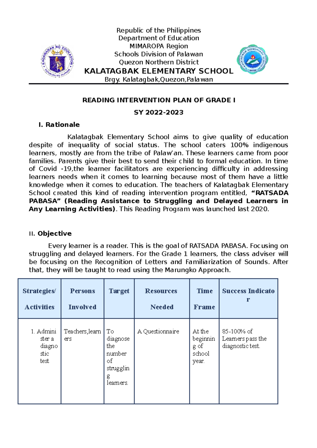 Reading intervention plan Princess ANNE F. Cabudac - Republic of the Philippines Department of ...