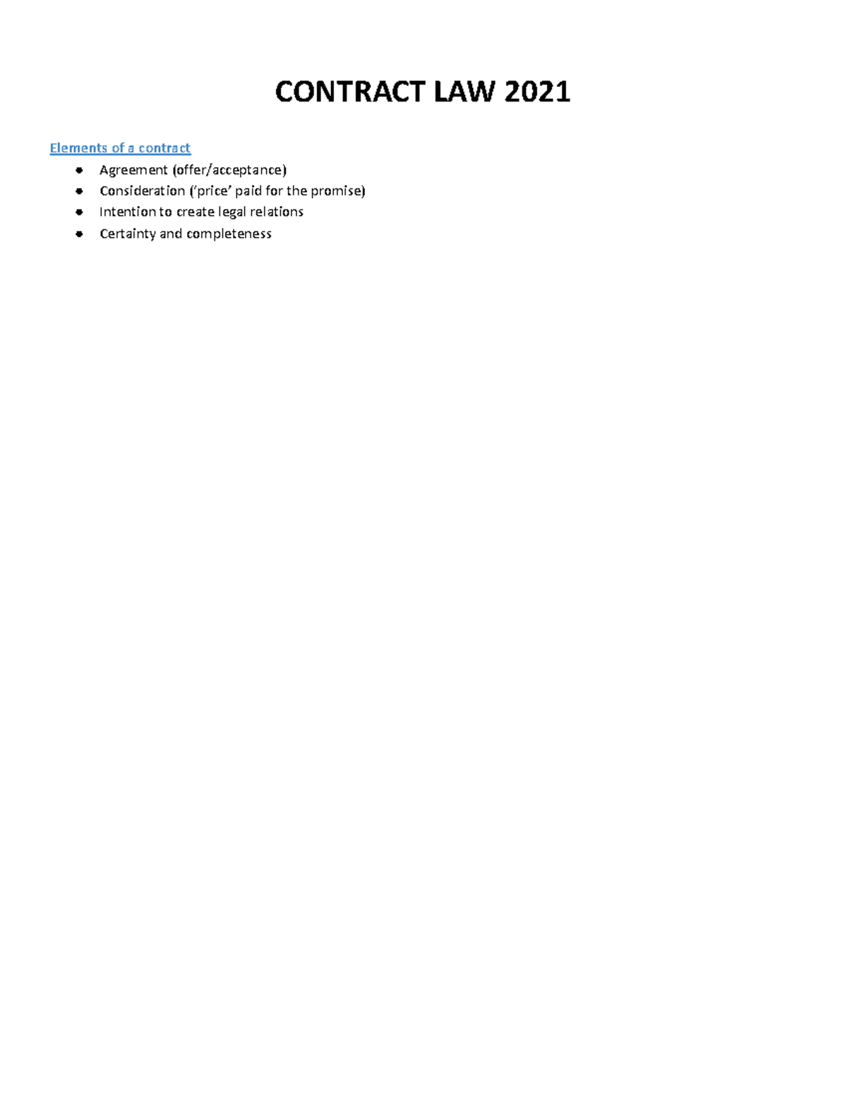 Contracts Notes CONTRACT LAW 2021 Elements Of A Contract Agreement