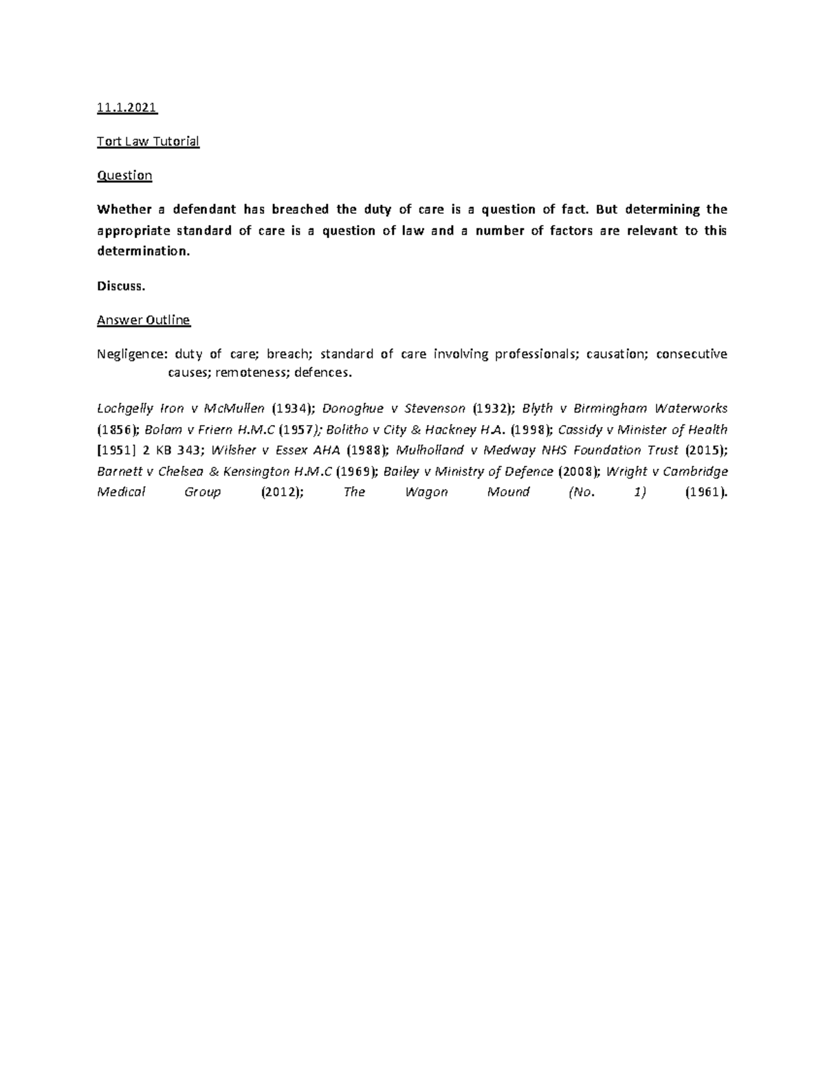 Tort Law Tutorial 11.1. 2021 eesay Answer Outine - 11. Tort Law ...