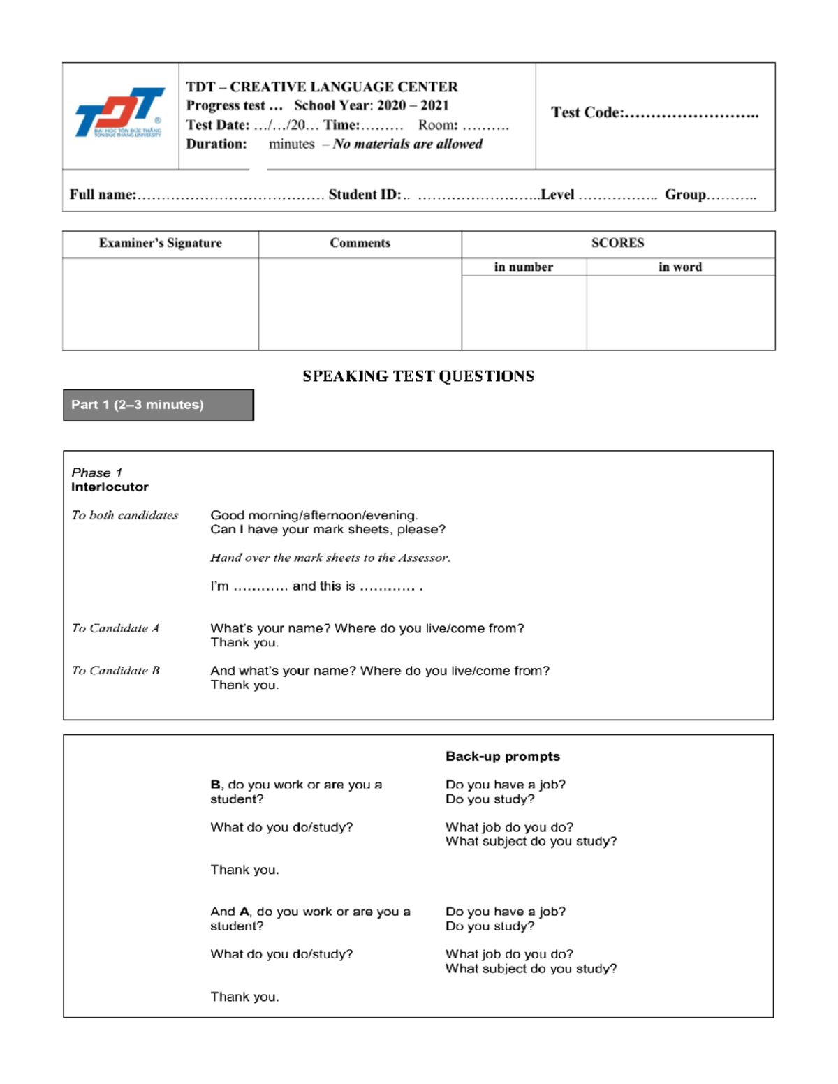 5 - [001511 ] English 1 B1 Speaking and Writing Test Samples - english ...