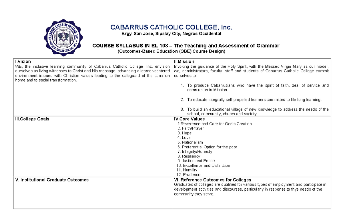 Syllabus-Format-CCC - syllabus - CABARRUS CATHOLIC COLLEGE, Inc. Brgy ...