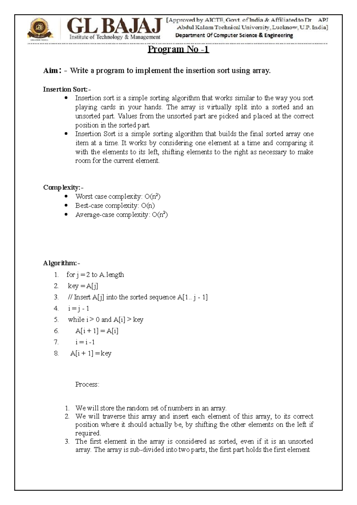 DAA Program 1 - daa - Program No - Aim: - Write a program to implement the insertion sort using ...