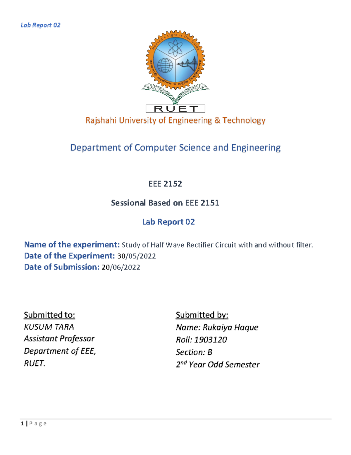 EEE 2152 Lab Report 02 - Rajshahi University of Engineering ...