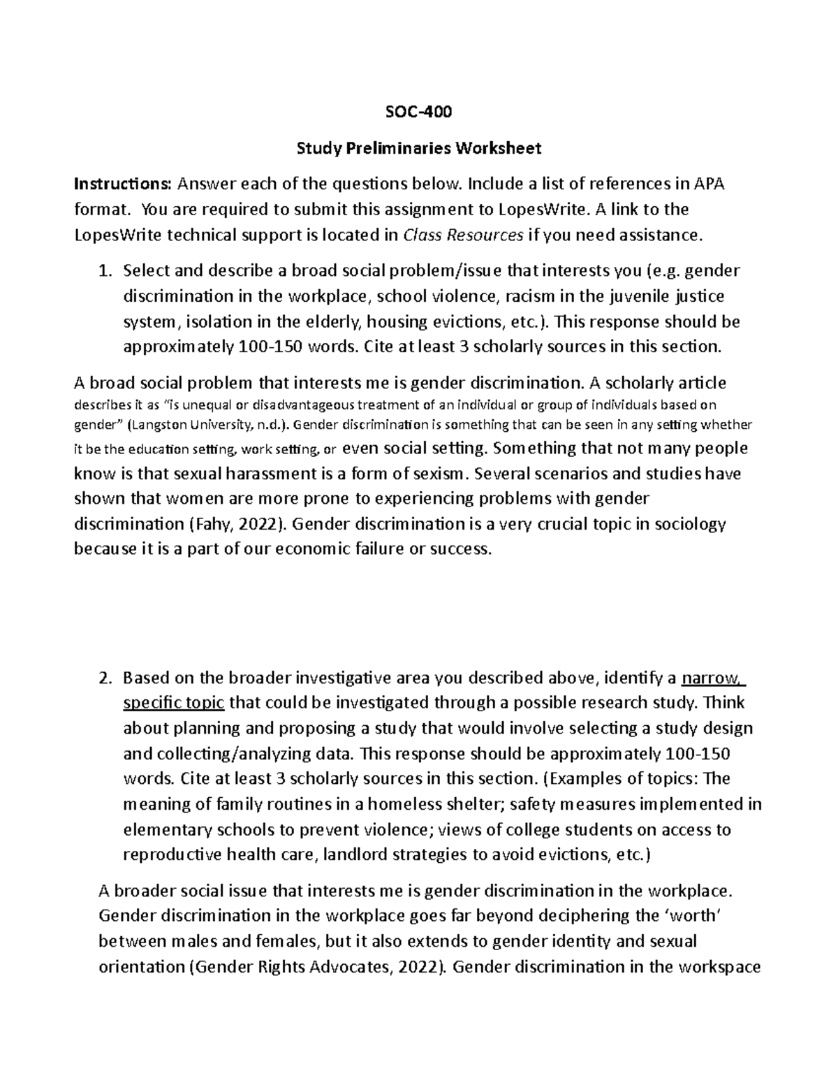 SOC400. Study Preliminaries Worksheet (Research Topic and Question ...