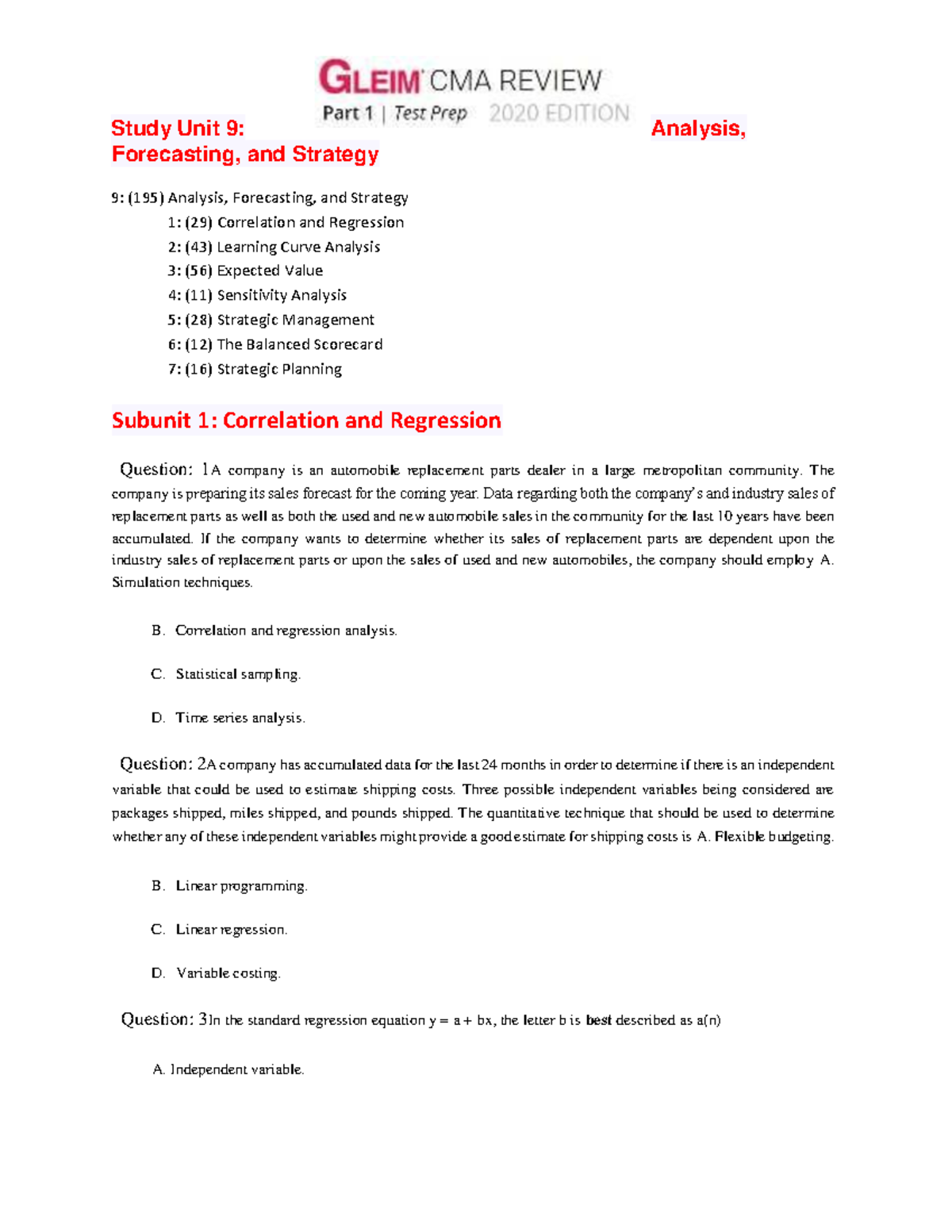 5 test Cma part 1 IMA GLEIM BOOK 2020 question - Study Unit 9: Analysis ...
