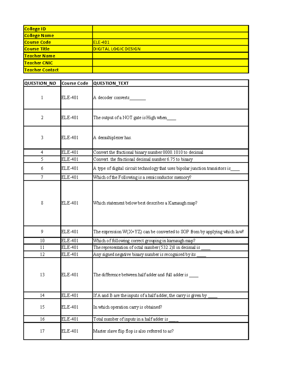 DLD BSCS Semester 2 F - Apuntes 1 - ELE- DIGITAL LOGIC DESIGN QUESTION ...