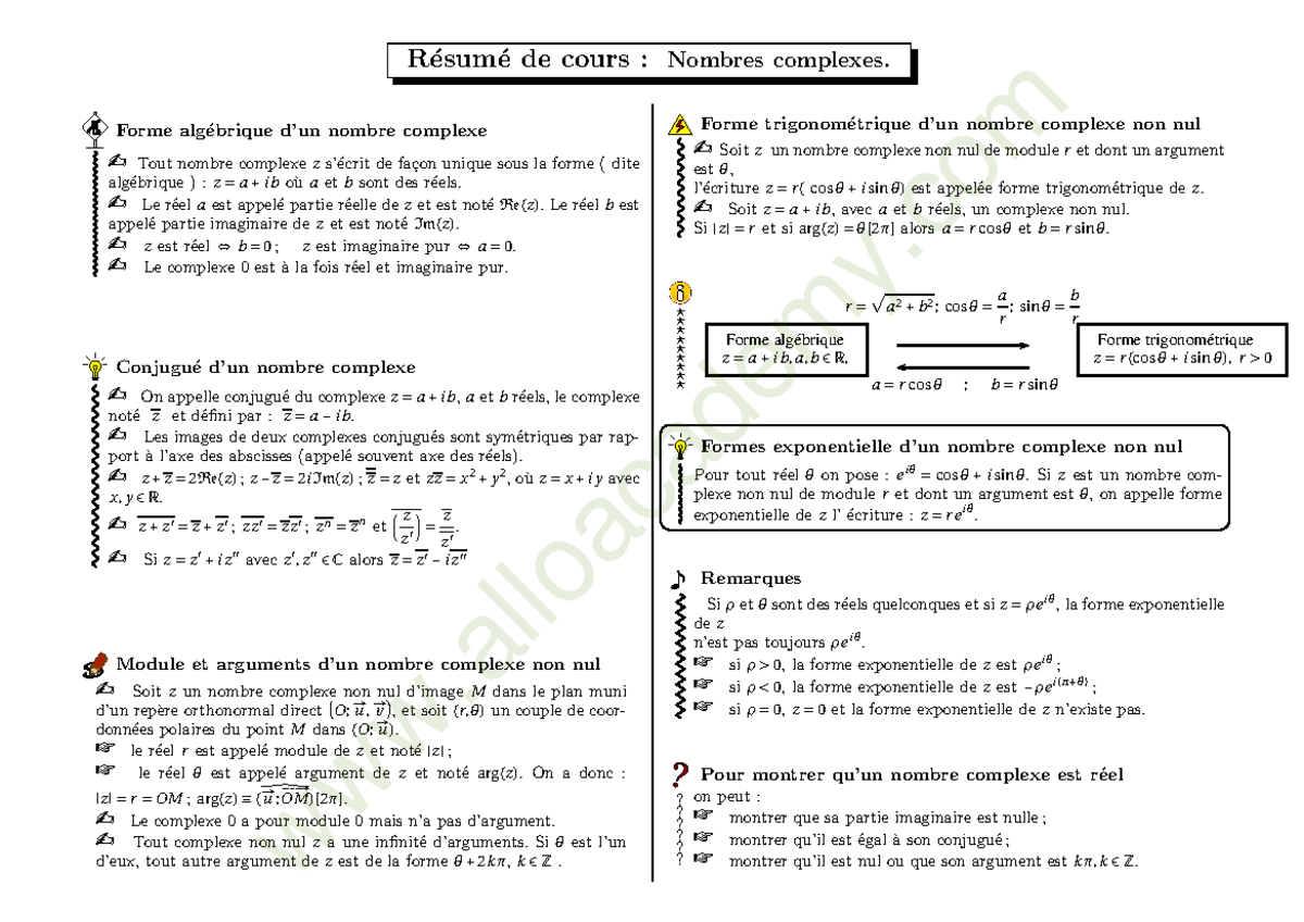 Résumé 2 Les Nombres complexes (www - R ́esum ́e de cours : Nombres ...