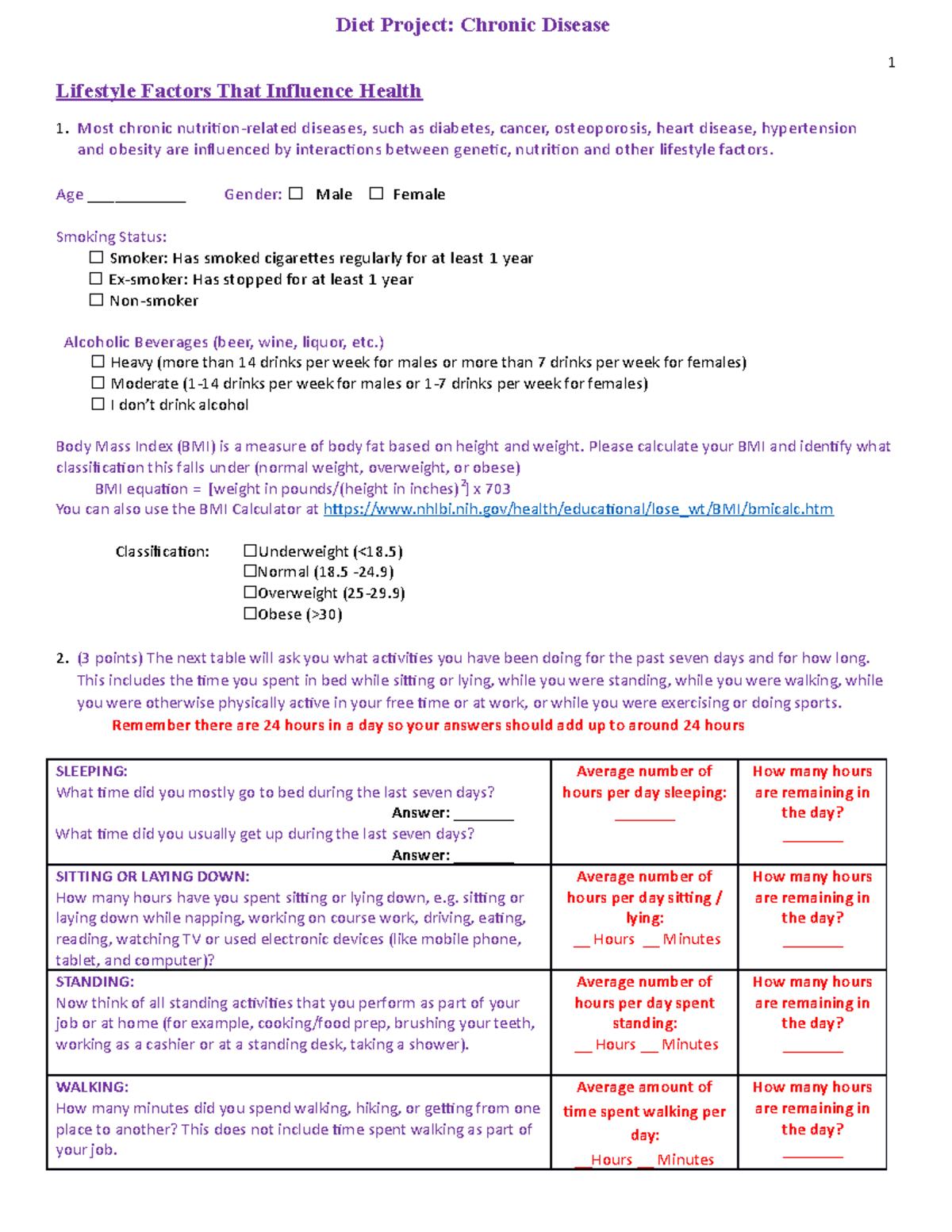 Diet Project Chronic Disease and Fitness May 2022 - 1 Lifestyle Factors That Influence Health ...