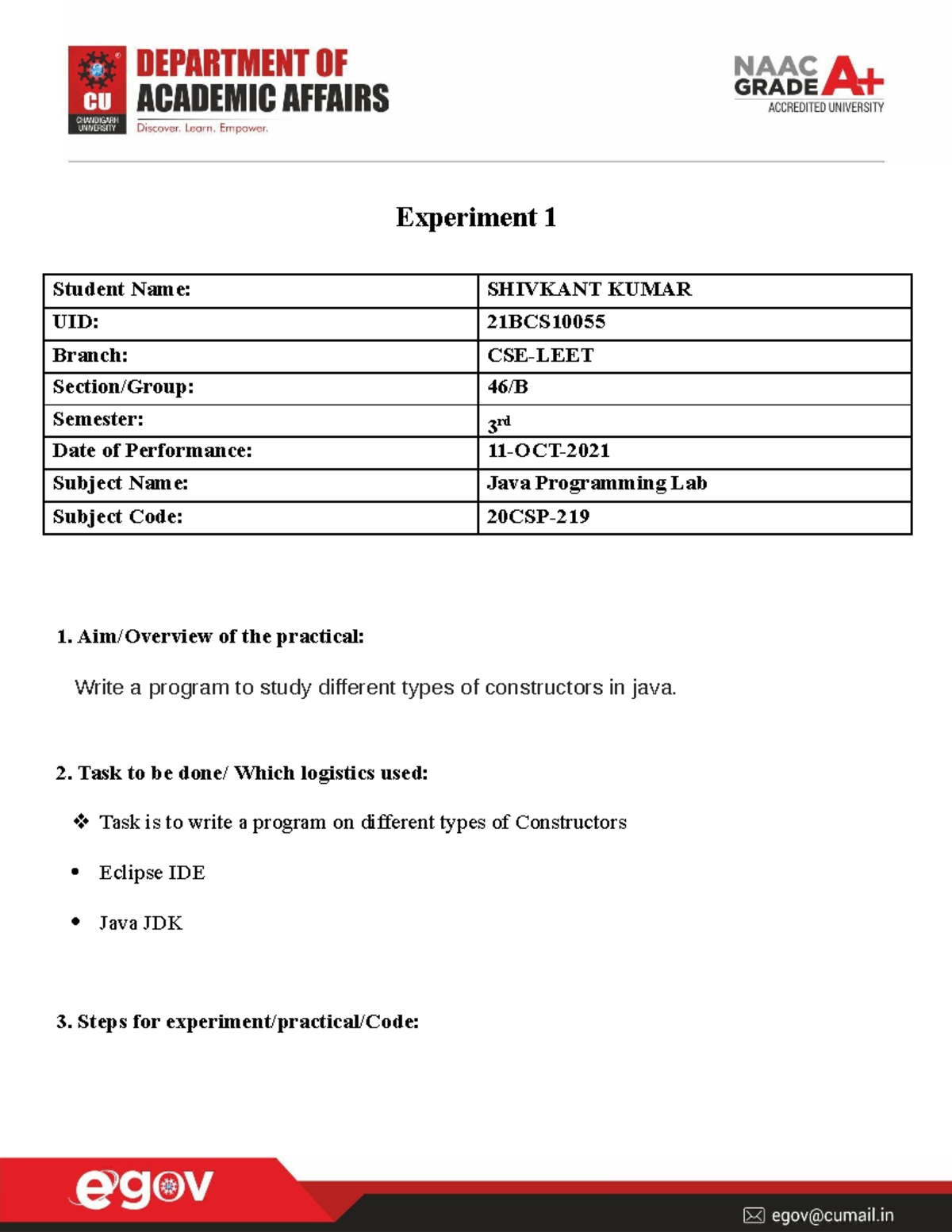 21BCS10055 JAVA LAB EXPERIMENT NUMBER 02 - Java lab - Studocu