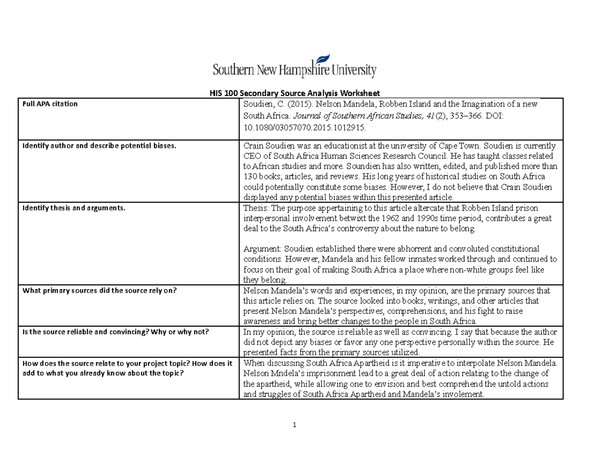 HIS 100 Secondary Source Analysis Worksheet - HIS 100 Secondary Source ...