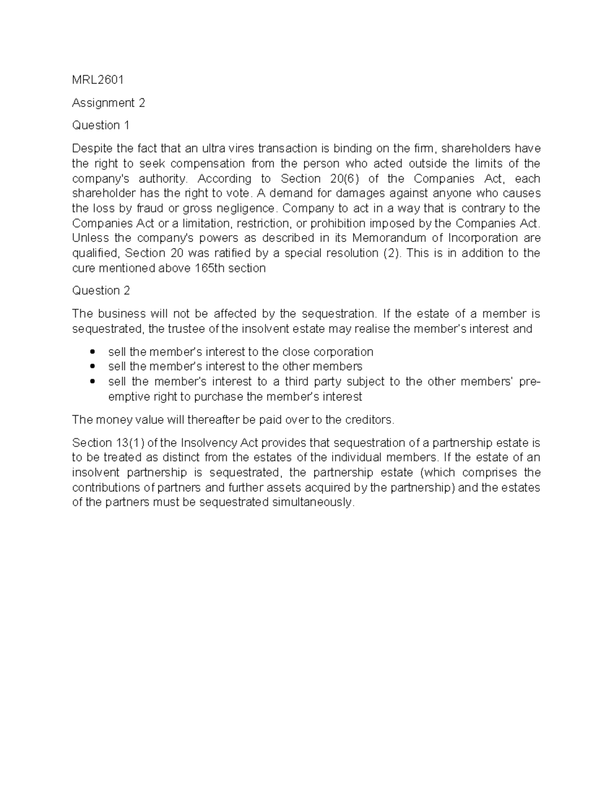 MRL2601 assignment 2 2022 - MRL Assignment 2 Question 1 Despite the fact that an ultra vires ...
